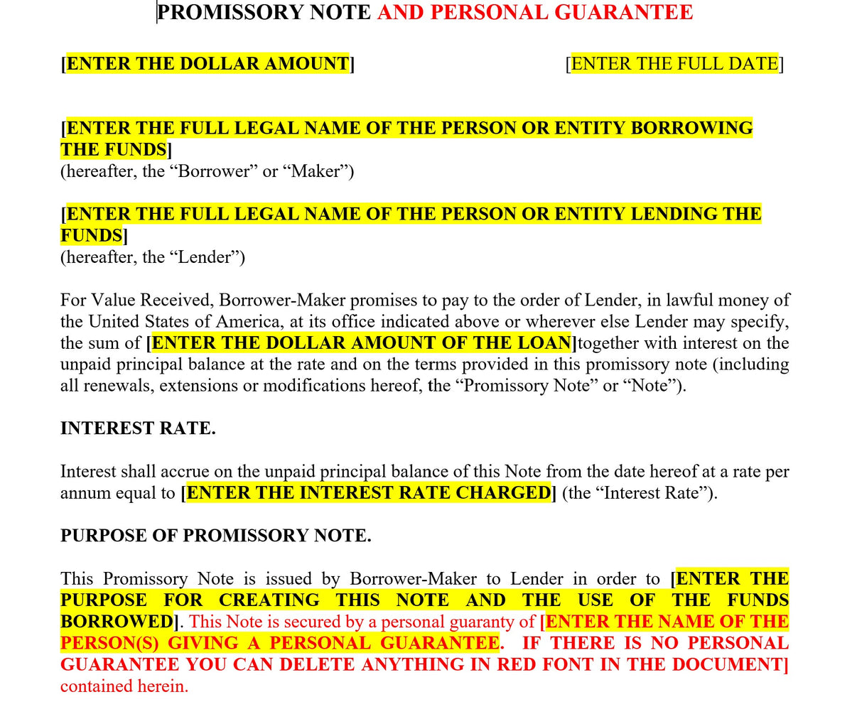 Promissory Note - Contract Template – Legal Documents AI